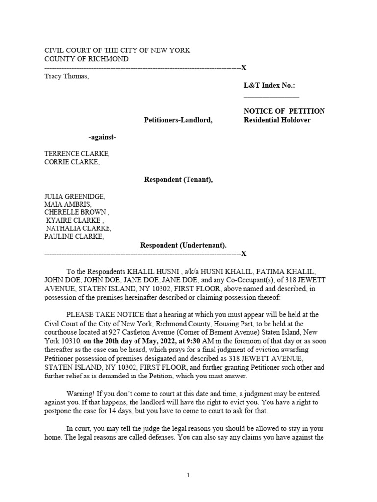 Holdover Notice of Petition | PDF | Eviction | Landlord