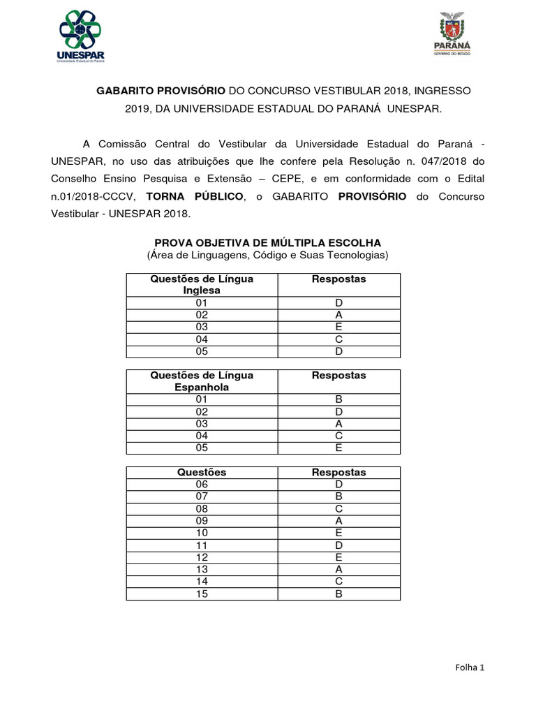 Edital de GABARITO Provisório - Prova Objetiva de Multipla Escolha | PDF