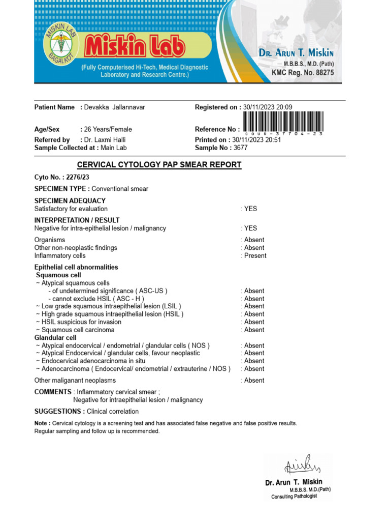 Cervical Cytology Pap Smear Report | PDF