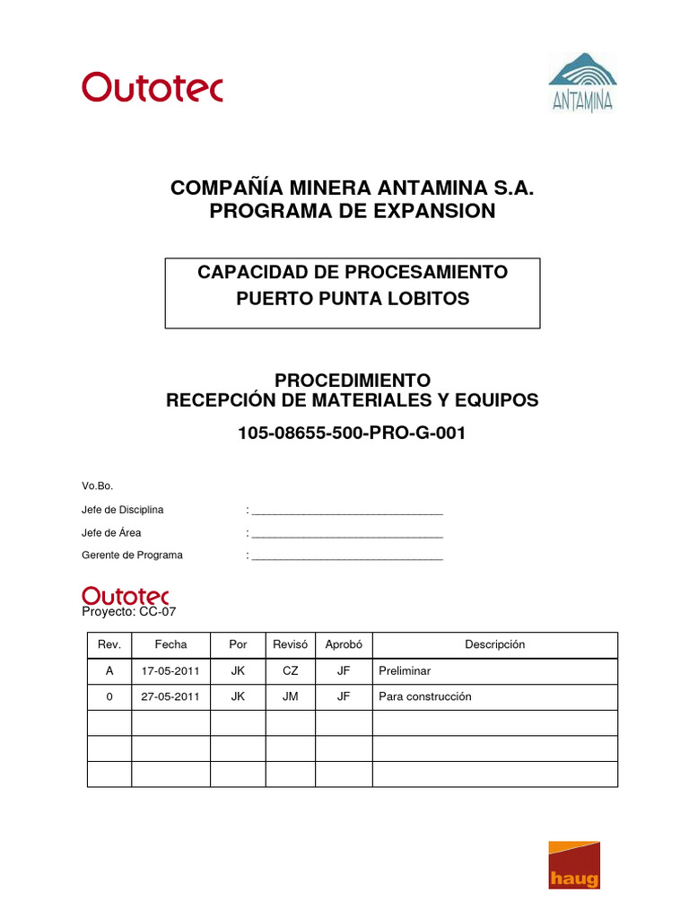 105-08655-500-PRO-G-001 Recepción de Materiales y Equipos Rev 0 | PDF ...