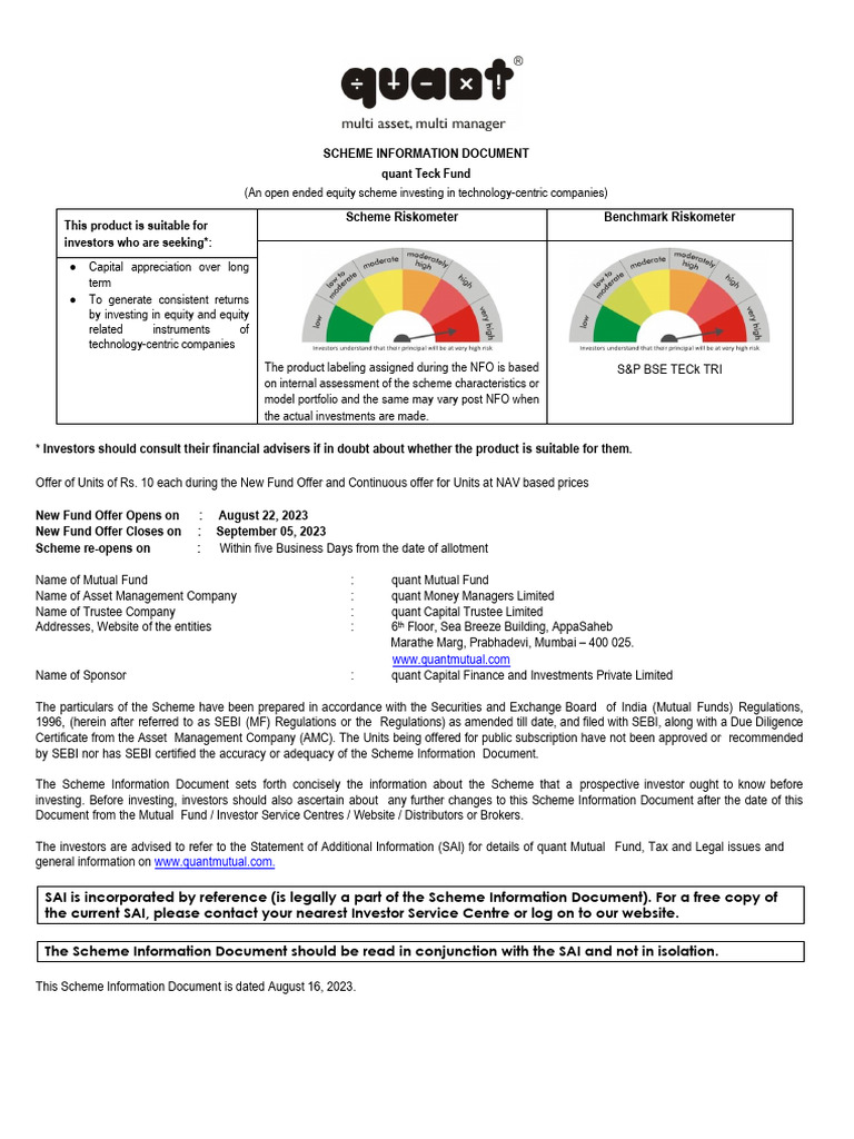 SID Offer Document NFO Quant Teck Fund | PDF | Derivative (Finance) | Bonds (Finance)