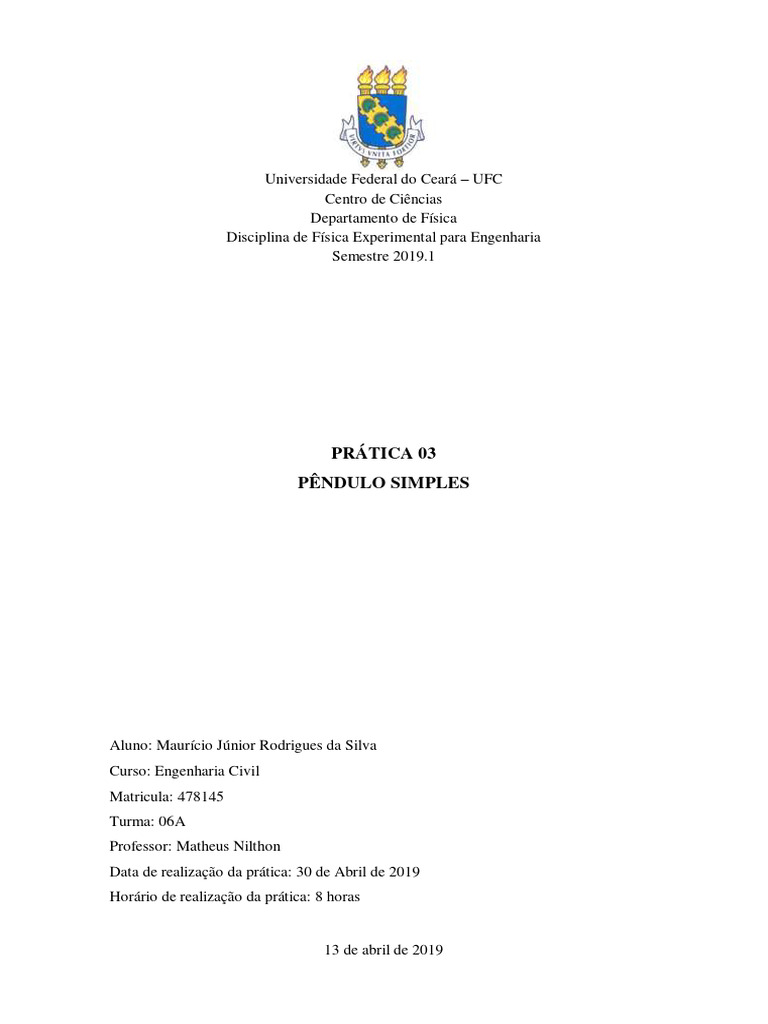 Prática 03 - Pêndulo Simples | PDF | Pêndulo | Massa
