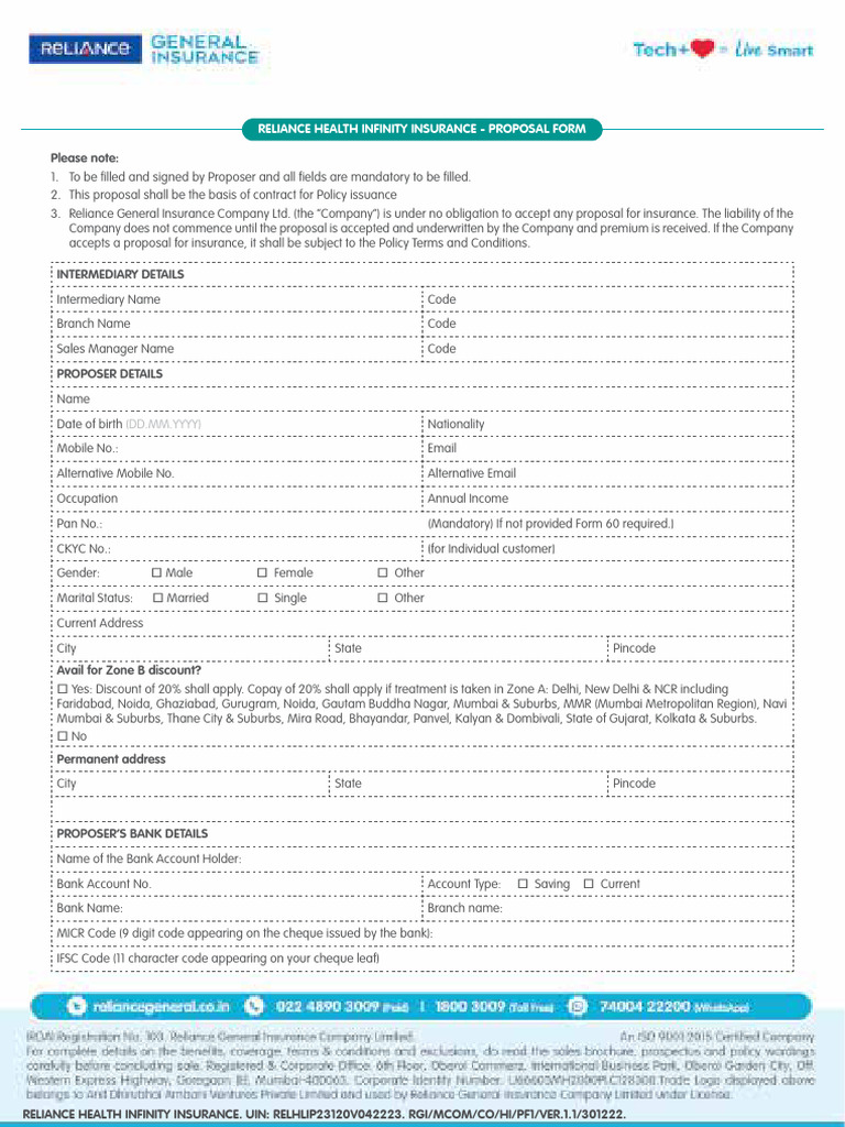 Reliance Health Infinity Proposal Form | PDF | Insurance | Cheque