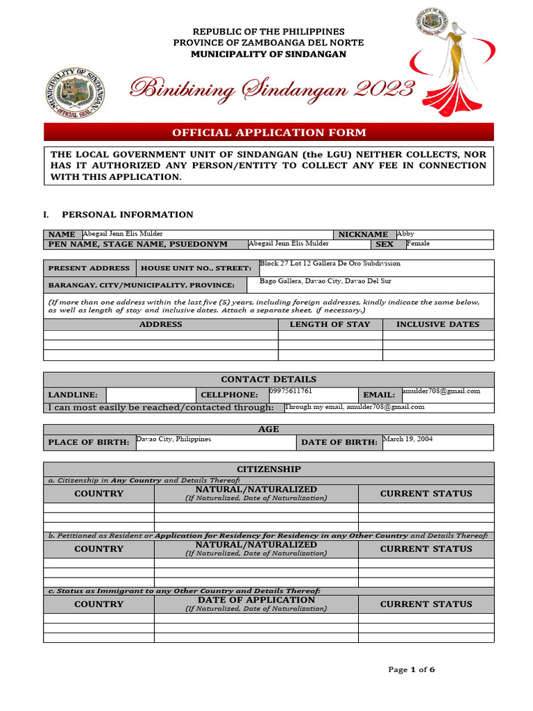 Bb. Sindangan Application Form - 2023 | PDF | Naturalization | Citizenship