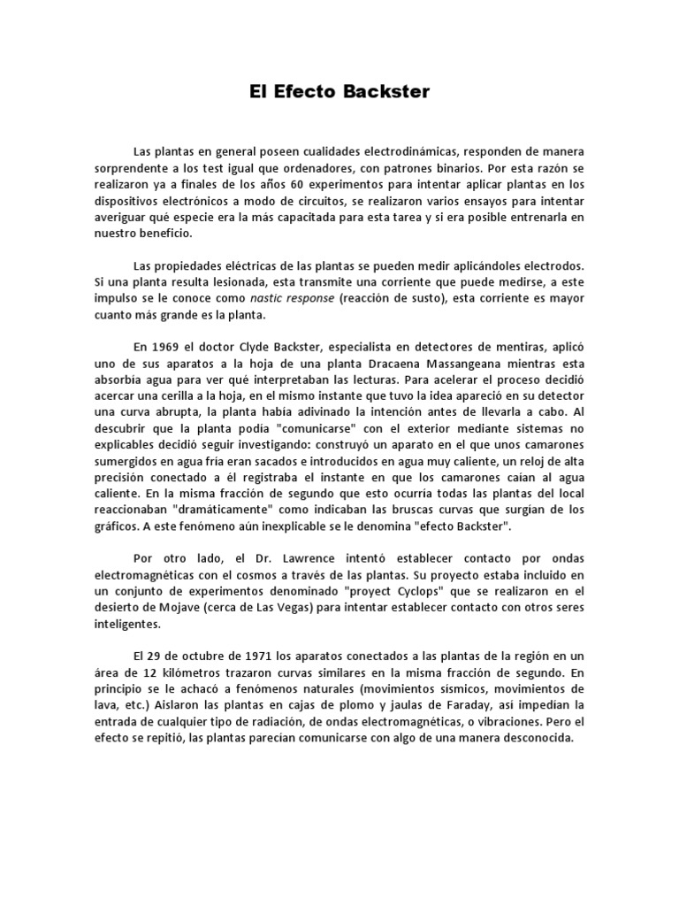 Trabajo Efecto Backster | PDF | Polígrafo | Radiación electromagnética