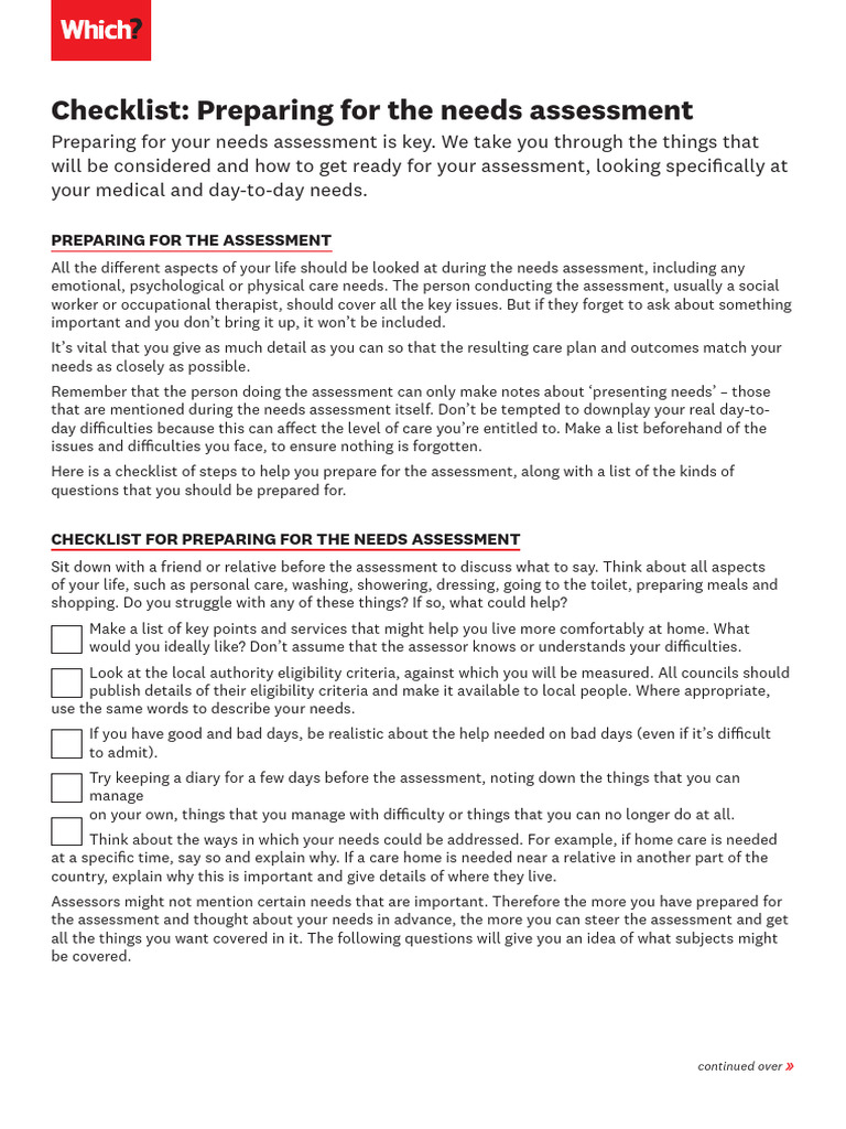 Needs Assessment Checklist | PDF | Caregiver | Psychology