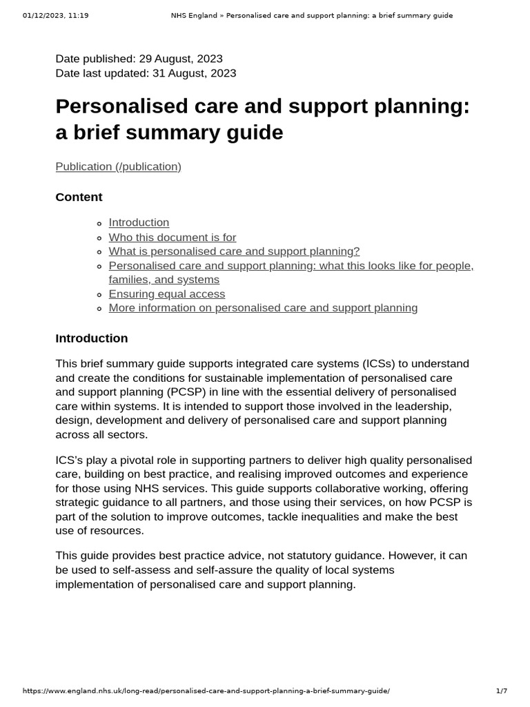 NHS England Personalised Care and Support Planning - A Brief Summary Guide | PDF | Health Equity ...