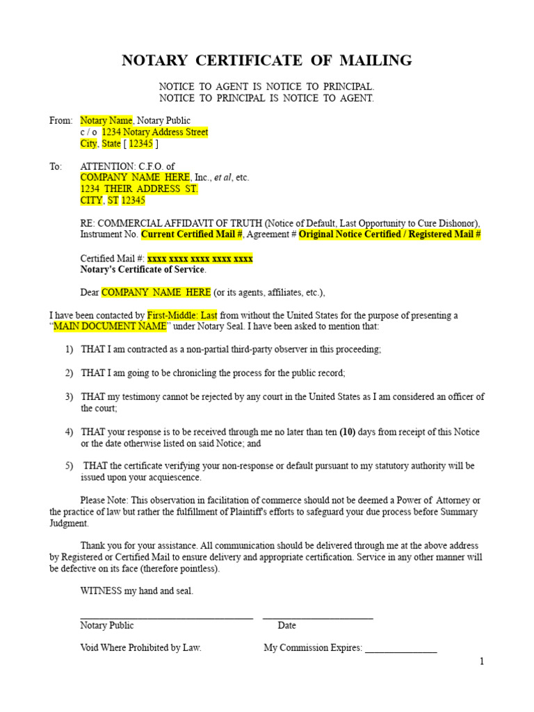 Notarycertificateofmailing TEMPLATE | PDF | Notary Public | Registered Mail