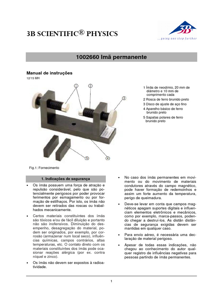 3B Scientific® Physics: 1002660 Imã Permanente | PDF | Ímã | Magnetismo
