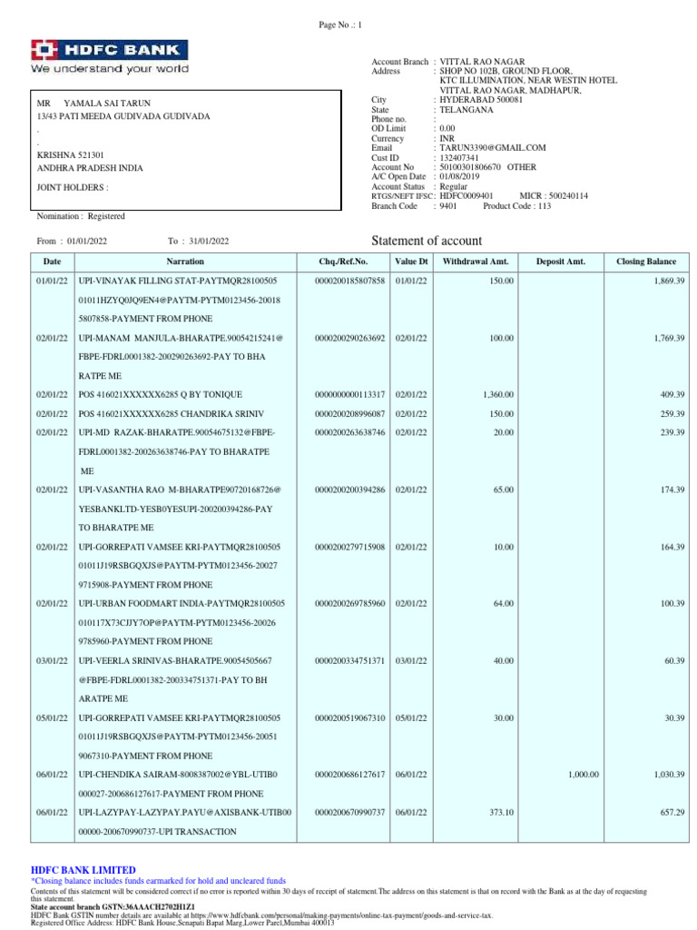Statement of Account: Date Narration Chq./Ref - No. Value DT Withdrawal ...