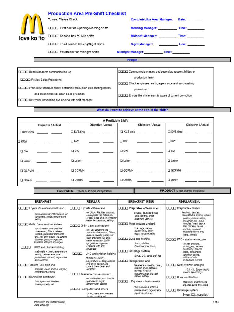 Production Area Pre-Shift Checklist June 09 | Download Free PDF ...