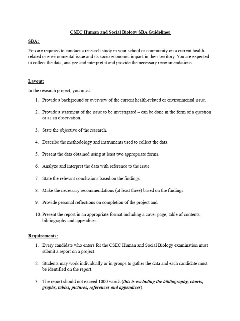 CSEC Human and Social Biology SBA Guidelines | PDF | Data | Methodology