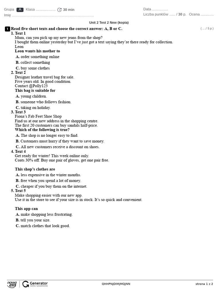 Unit 2 Test 2: Shopping Comprehension | PDF | Softlines (Retail) | Fashion