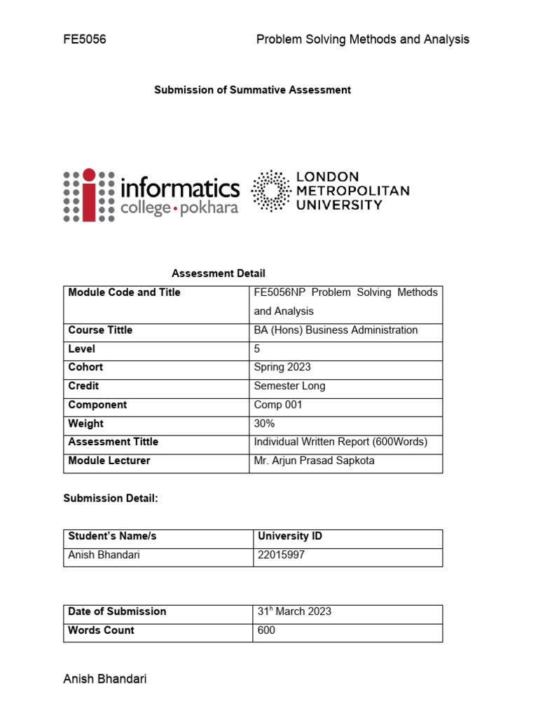 Anish Bhandari.22015997.FE5056, Problem Solving Methods and Analysis | PDF | P Value | Statistics