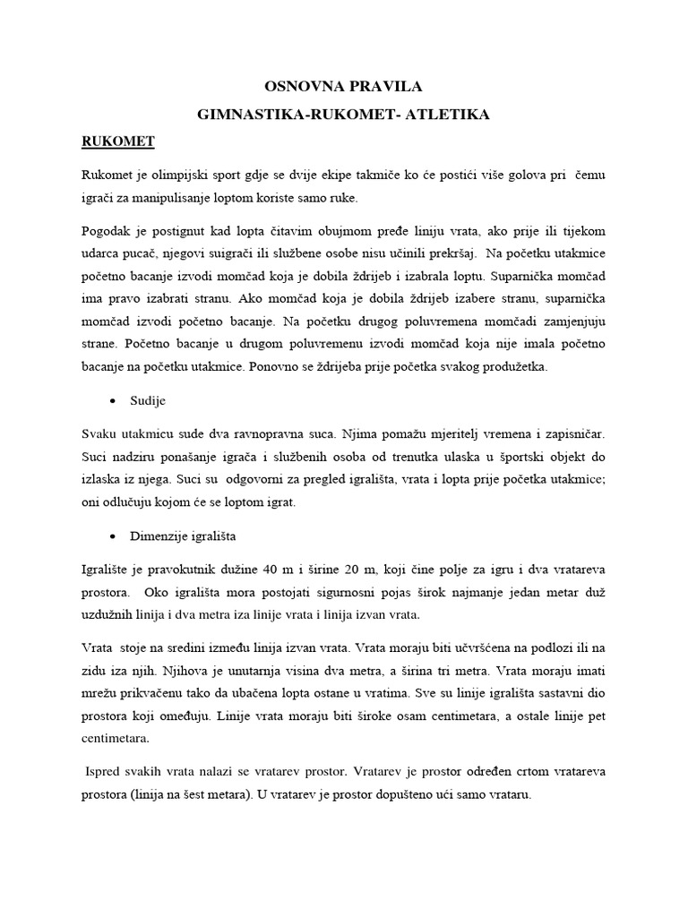 Pravila Gimnastika Rukomet Atletika | PDF