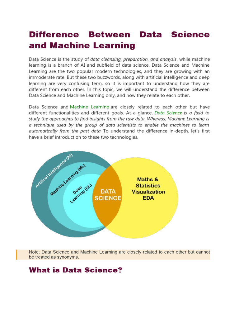 Difference Between Data Science and Machine Learning | PDF | Machine ... Difference Between Data Science and Machine Learning | PDF | Machine ...