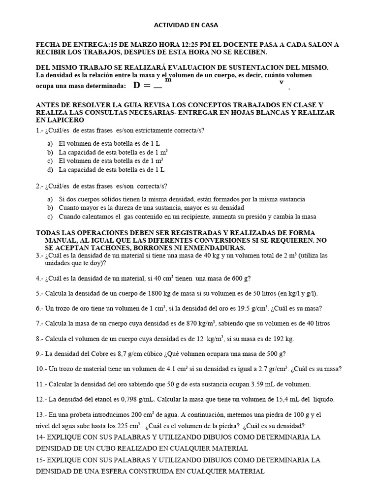 Ejercicios Densidad | PDF | Densidad | Volumen