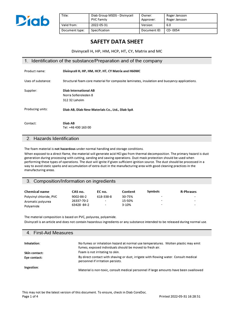 Divinycell PVC Foam Safety Data | PDF | Carbon Dioxide | Polyvinyl Chloride