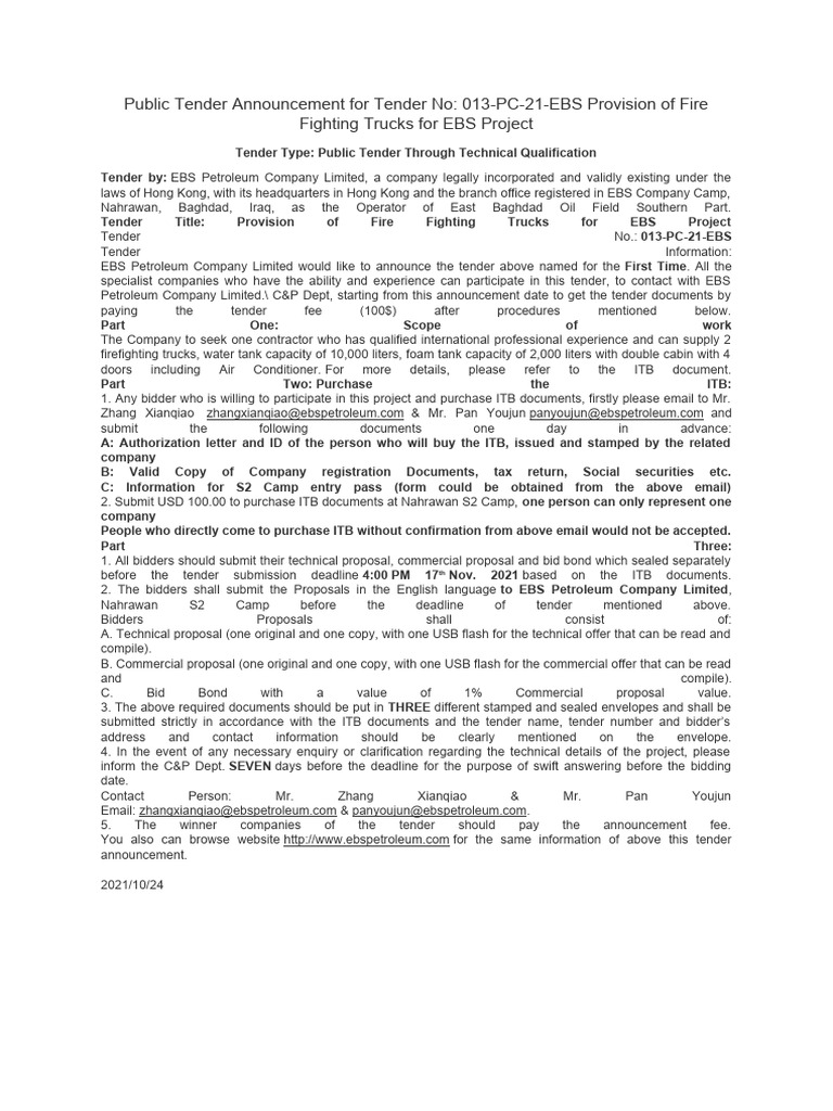 Public Tender Announcement For Tender No 013-PC-21-EBS Provision of ...
