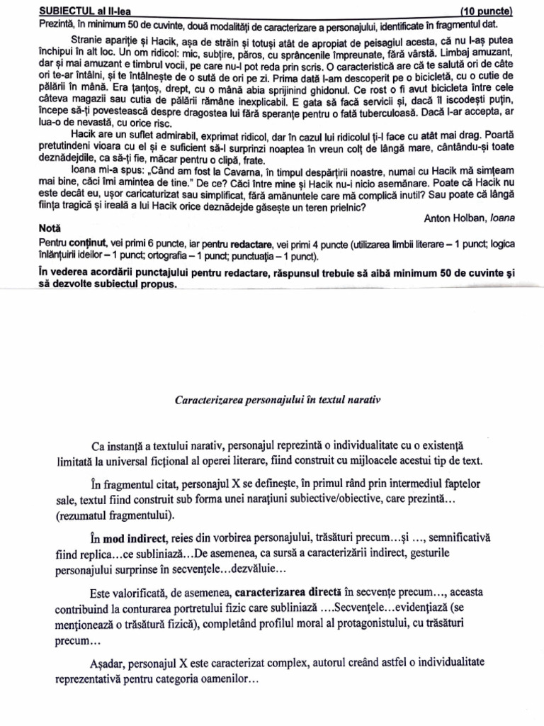 Caracterizarea Personajului - Text Narativ | PDF