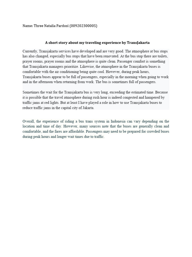 A Short Story About My Traveling Experience by Transjkt | PDF