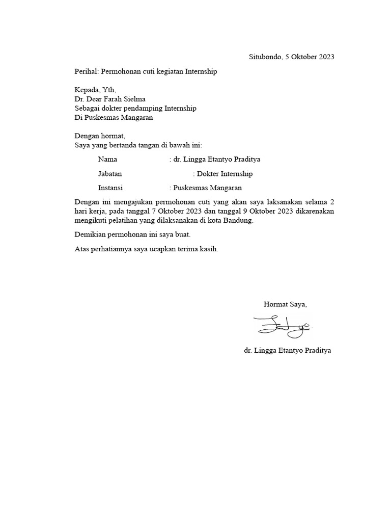 Surat Permohonan Cuti Internship | PDF