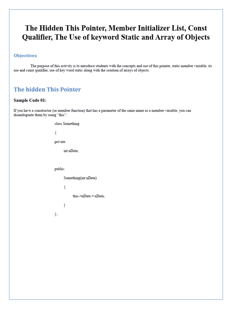 Graded Lab The Hidden This Pointer Static Data Member Pdf Pointer Computer Programming