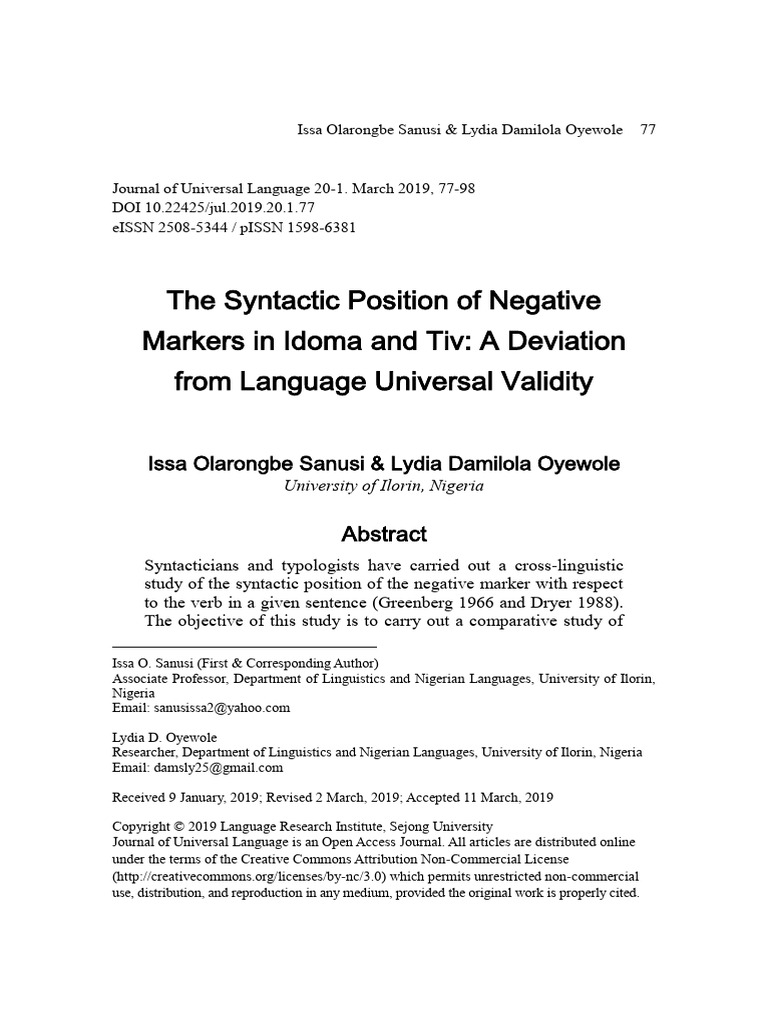 The Syntactic Position of Negative Markers in Idom | PDF | Syntax ...