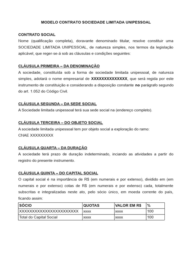 Modelo Contrato Sociedade Limitada Unipessoal | Download grátis PDF ...