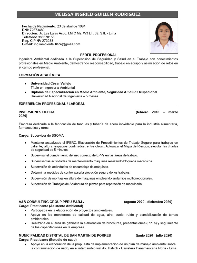 Perfil Profesional de Melissa Guillen | PDF | Evaluación de impacto ...