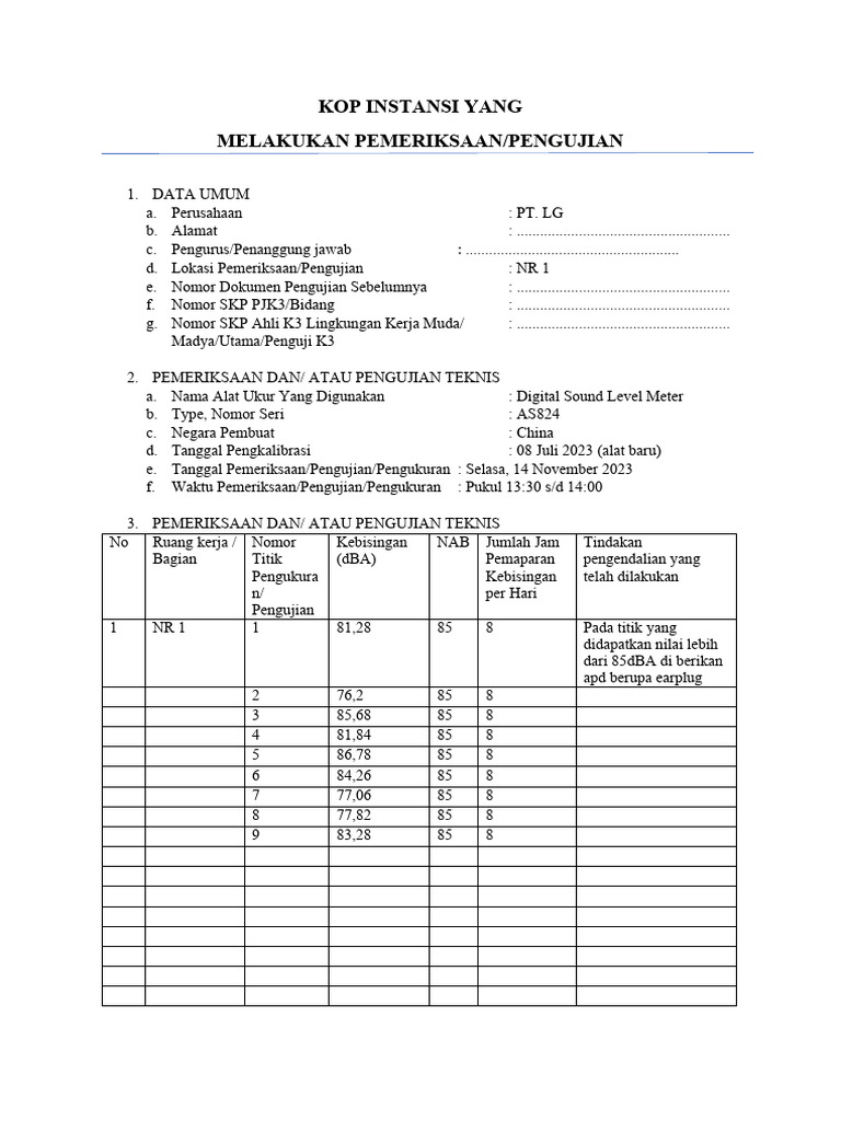 Form Pengukuran Kebisingan NR 1 | PDF