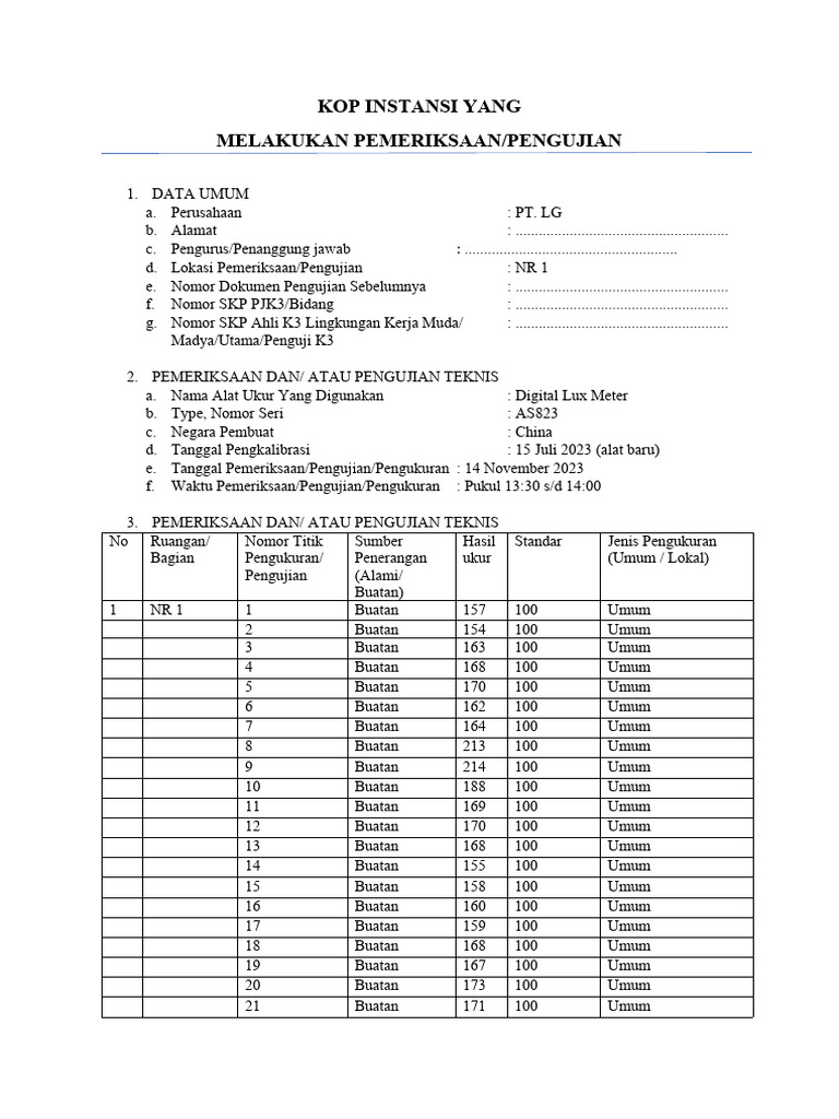 Form Pengukuran Pencahayaan NR 1 | PDF