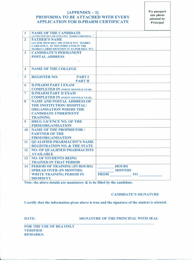 D.pharm Certificate Proforma - Appendix 1 | PDF