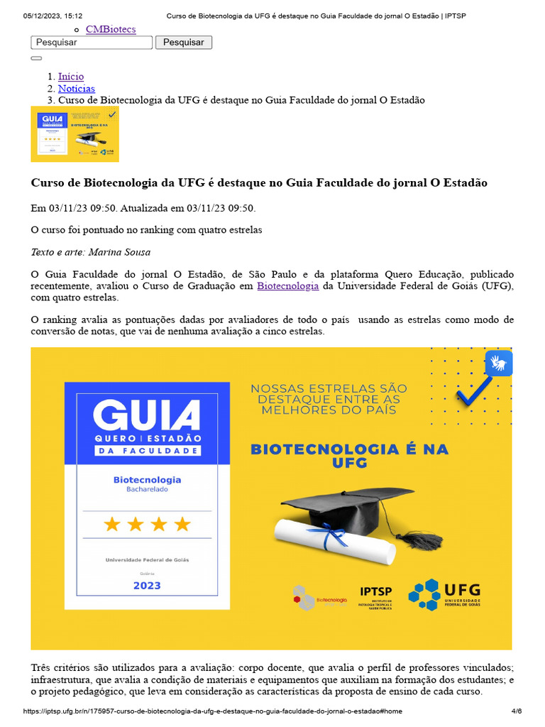 Curso de Biotecnologia Da UFG É Destaque No Guia Faculdade Do Jornal O ...