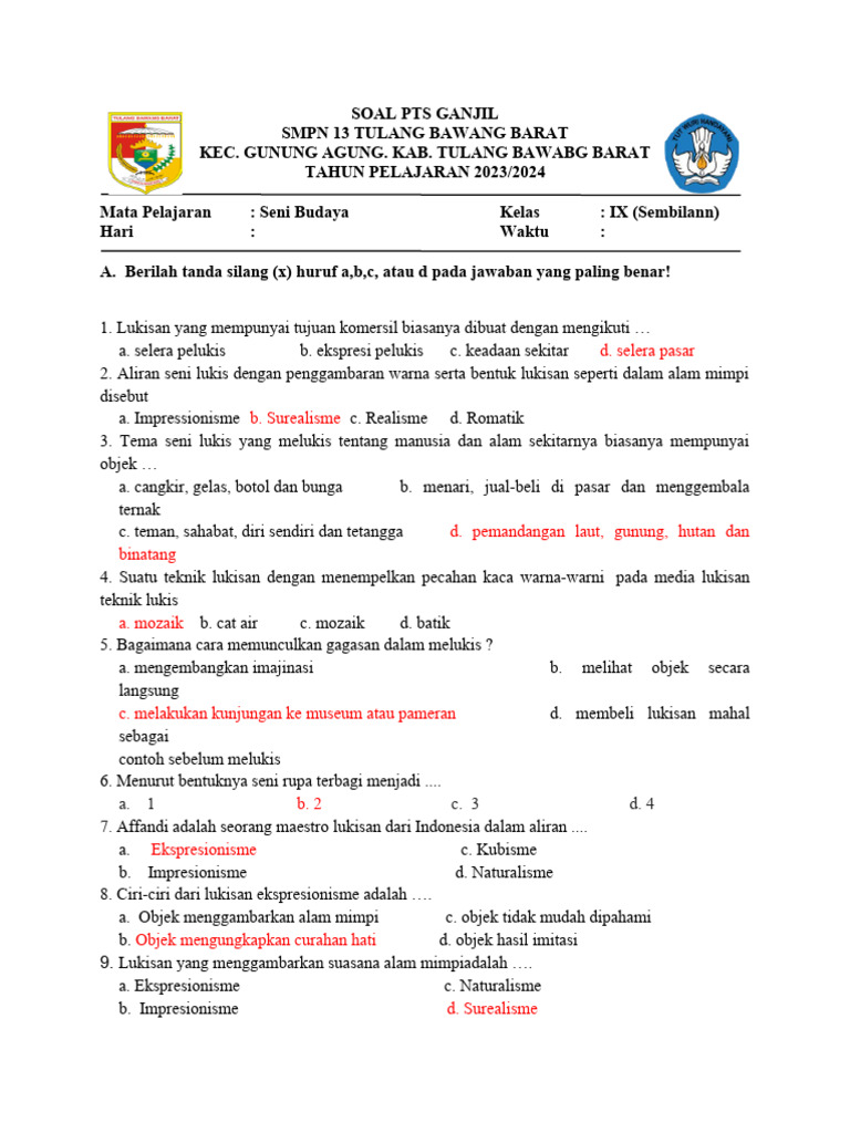 SOAL PTS GANJIL Seni Budaya Kelas 9 | PDF | Seni