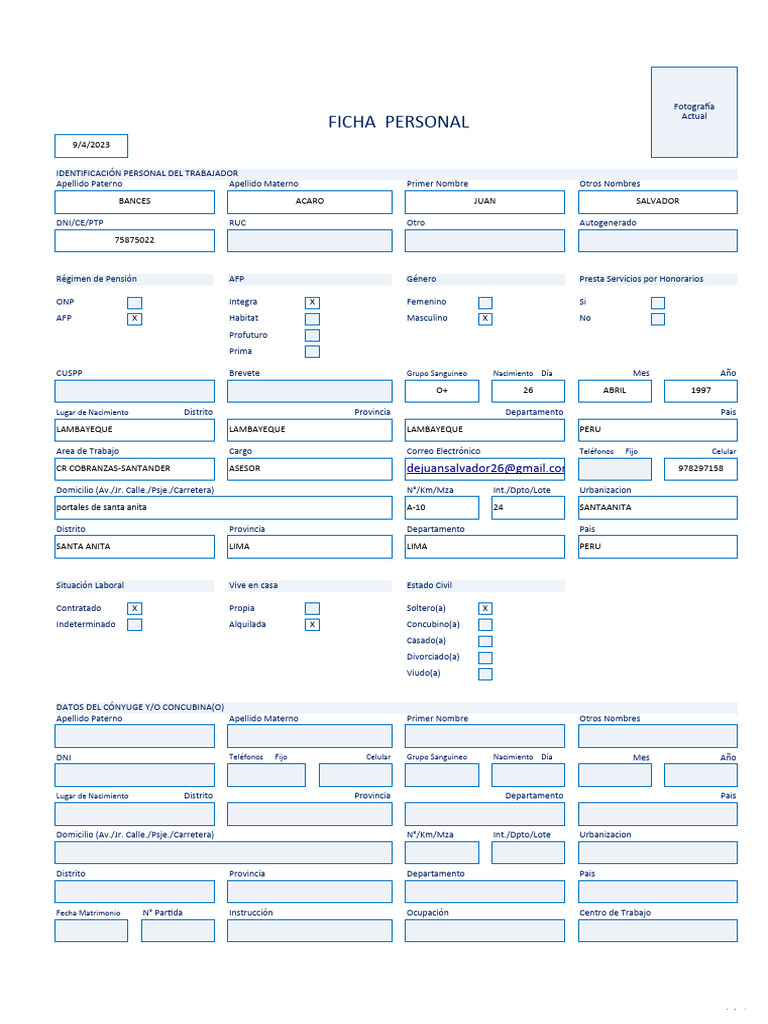 Ficha Personal de Ingreso | PDF
