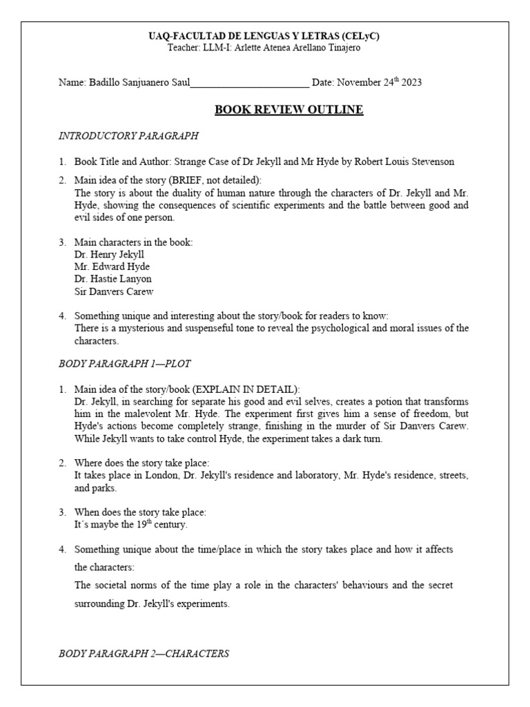Book Review Outline | PDF | Strange Case Of Dr Jekyll And Mr Hyde | Dr ...