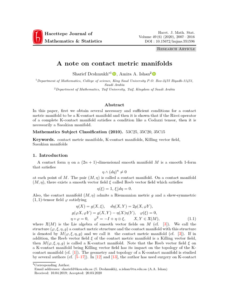 A Note On Contact Metric Manifolds | PDF | Differentiable Manifold ...
