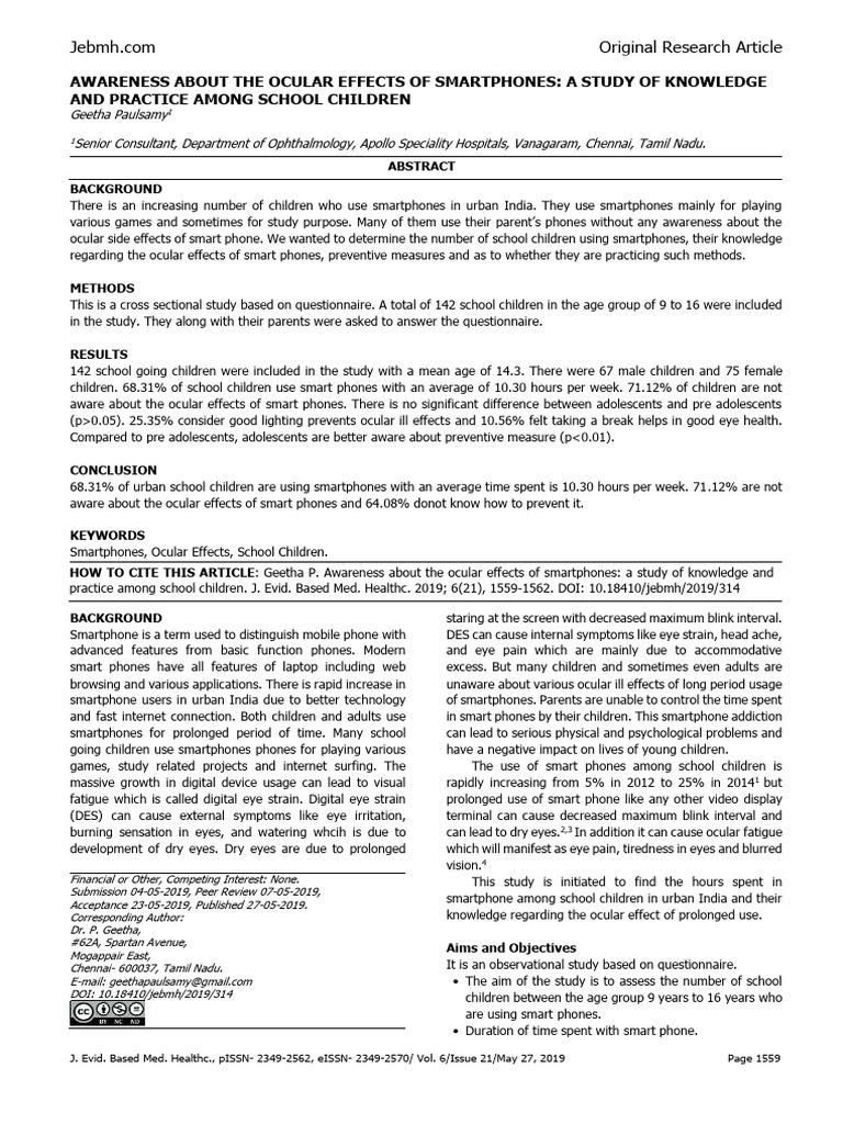 Awareness About The Ocular Effects of Smartphones A Study of Knowledge ...
