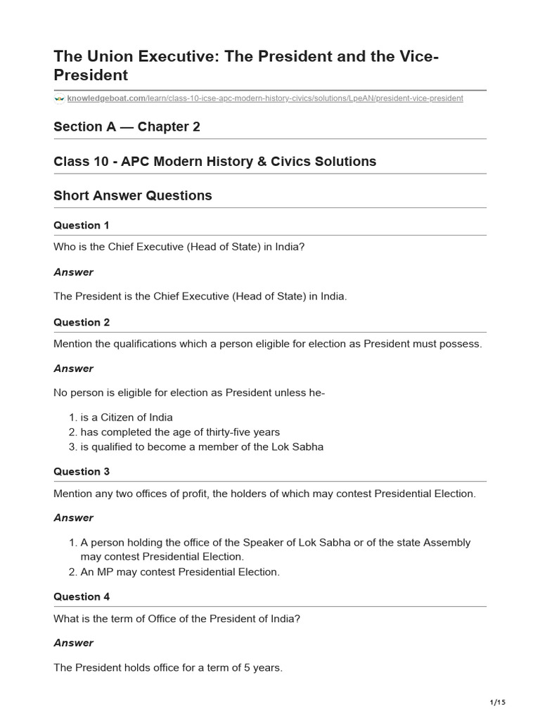 Union Executive: President & Vice-President | PDF | Act Of Parliament ...