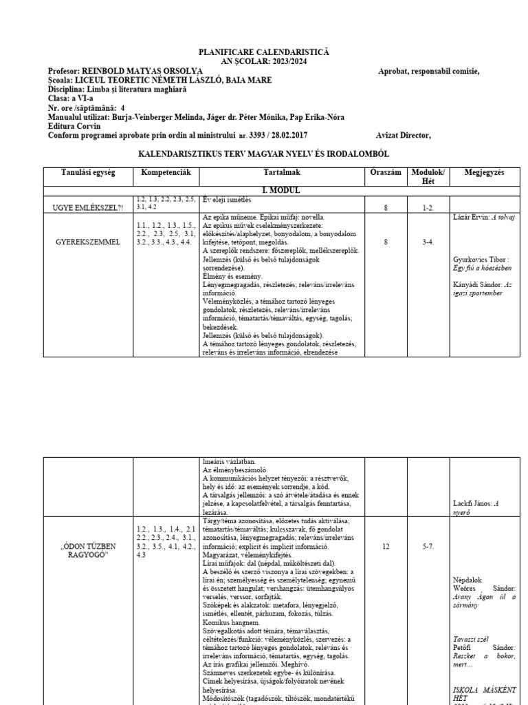 Planificare Calendaristică - Cls. A VI-A | PDF