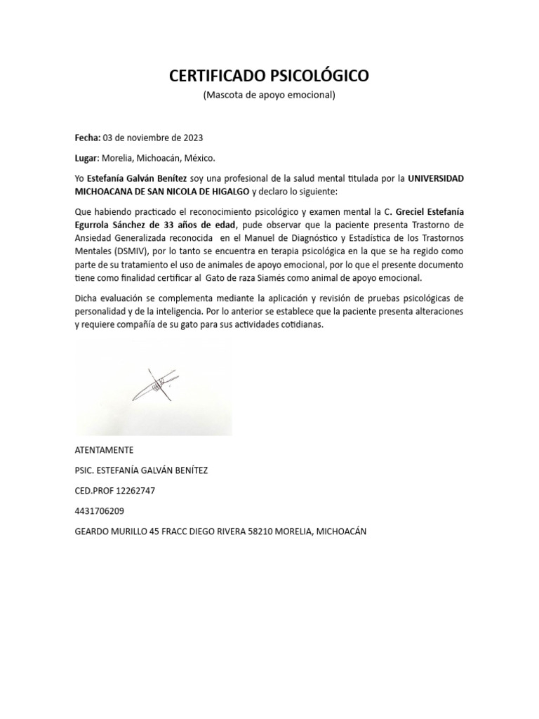 Constancia de Apoyo Emocional Animal | PDF