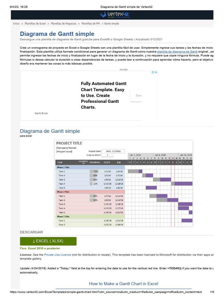 Diagrama de Gantt Simple de Vertex42 | PDF | Microsoft Excel | Spreadsheet