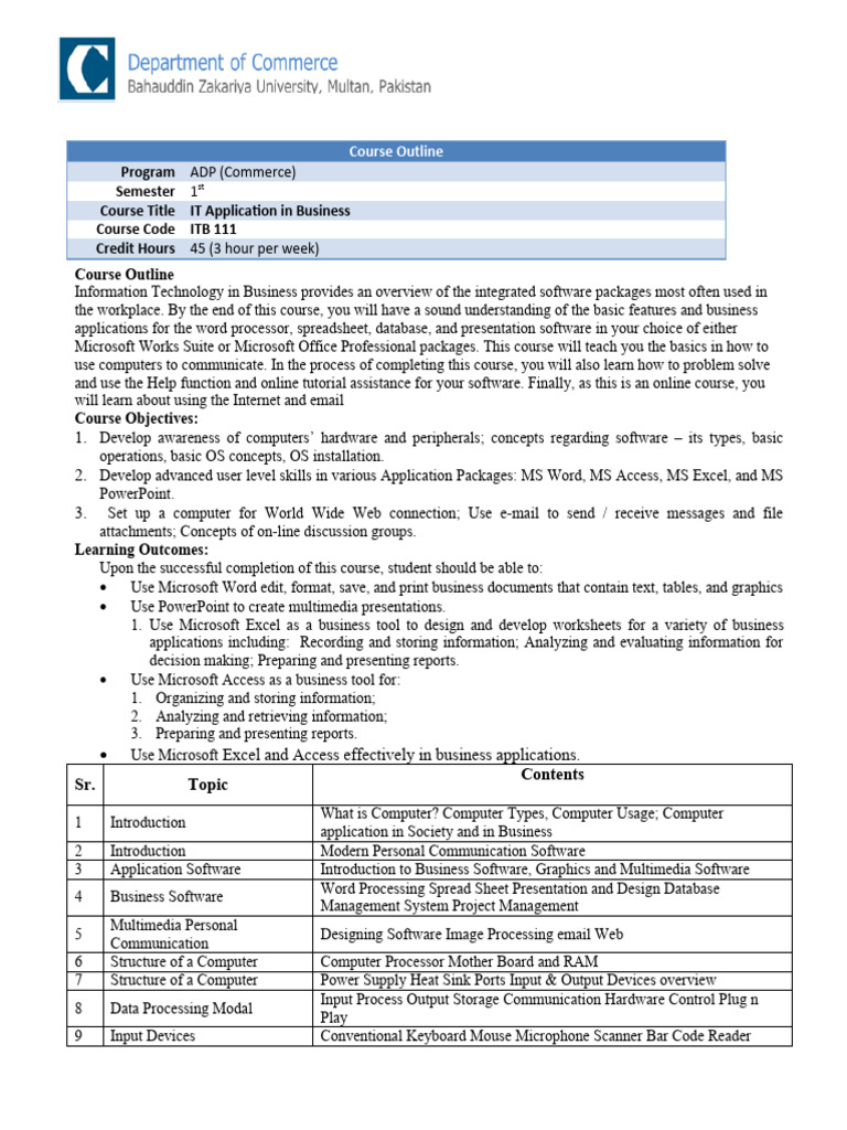 IT Applications in Business Course Outline | PDF | Microsoft Excel ...