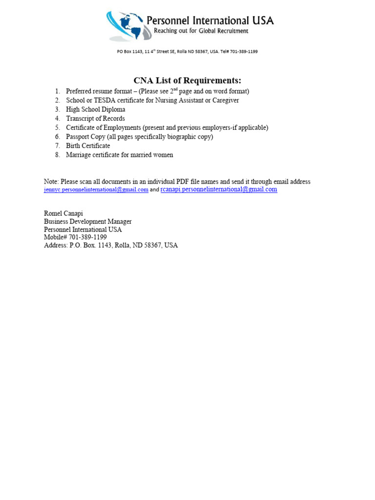 CNA List of Requirements | PDF