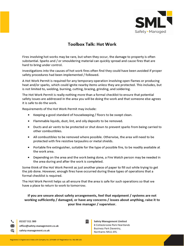 Toolbox Talk Hot Work | PDF | Fires | Occupational Safety And Health