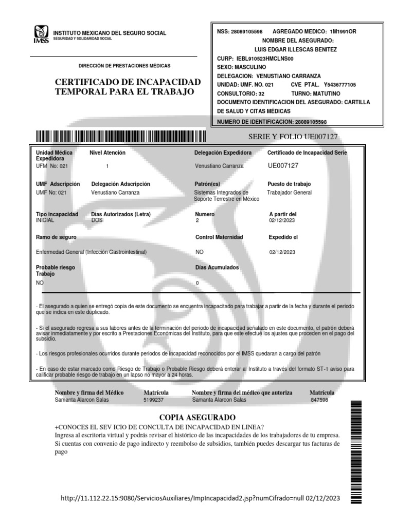 Incapacidad IMSS Copia Asegurado | PDF