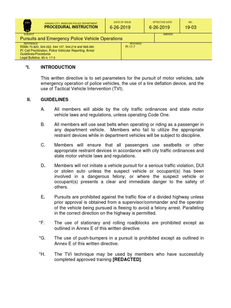 Kansas City Police Department Policy On Vehicle Pursuits | PDF | Traffic | Police