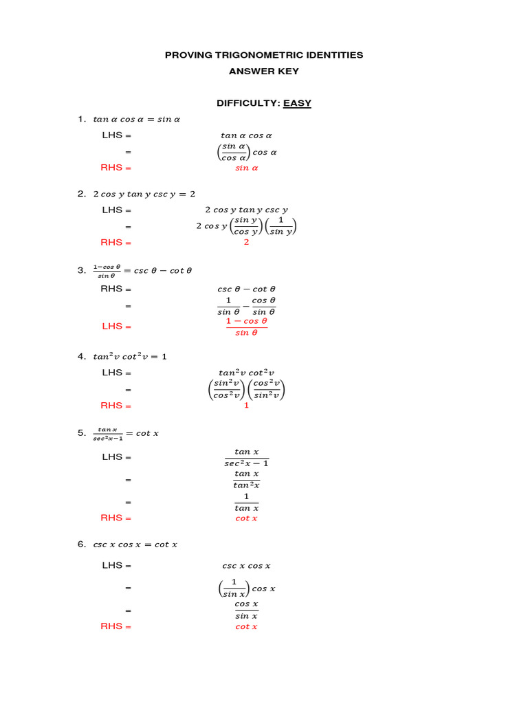 MM2 Trigonometry Proving Trigonometric Identities Answer Key | PDF | Trigonometry | Lie Groups