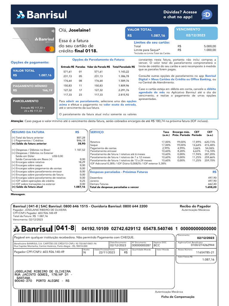 Fatura Banrisul: Detalhes e Parcelamento | PDF | Cartão de crédito | Bancos
